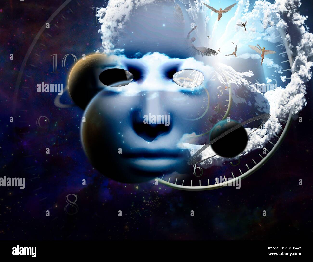 Face in vivid space. Angels and spiral clock. Surreal composition. 3d ...