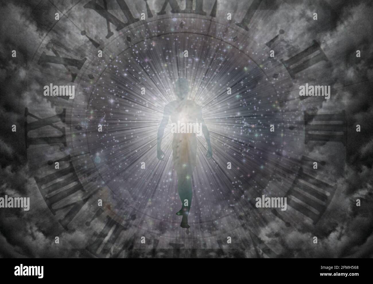 Soul or aura. Spiritual composition. Ancient clock face. 3d rendering ...
