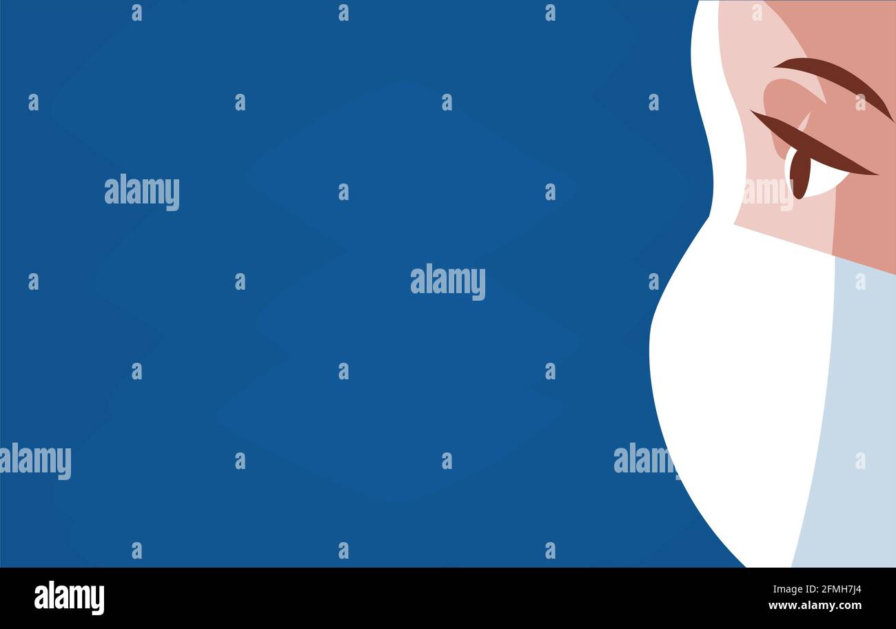 Female face in a medical mask. Banner with place for text and blue ...