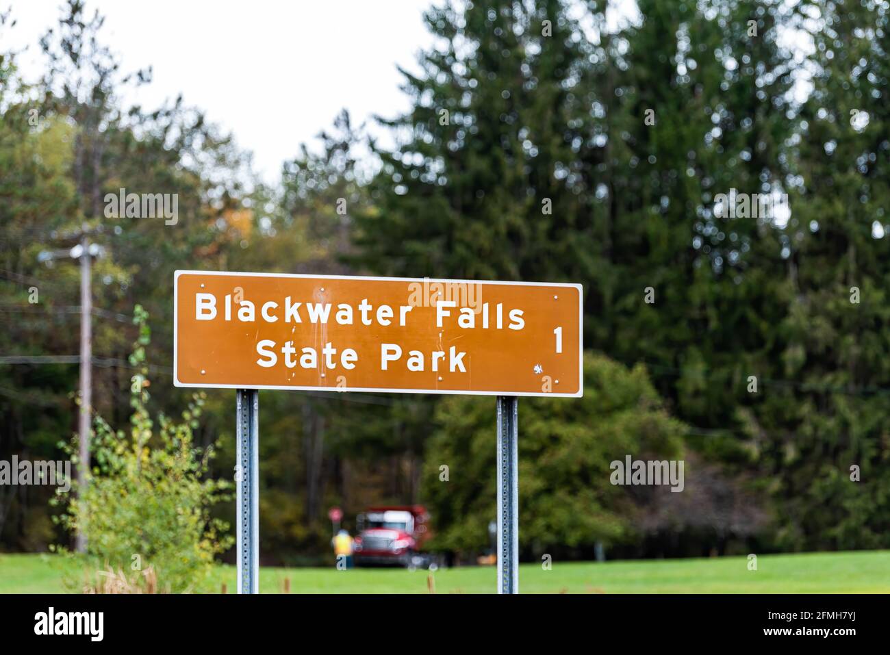 Davis, West Virginia and sign on road for Blackwater Falls one mile ...