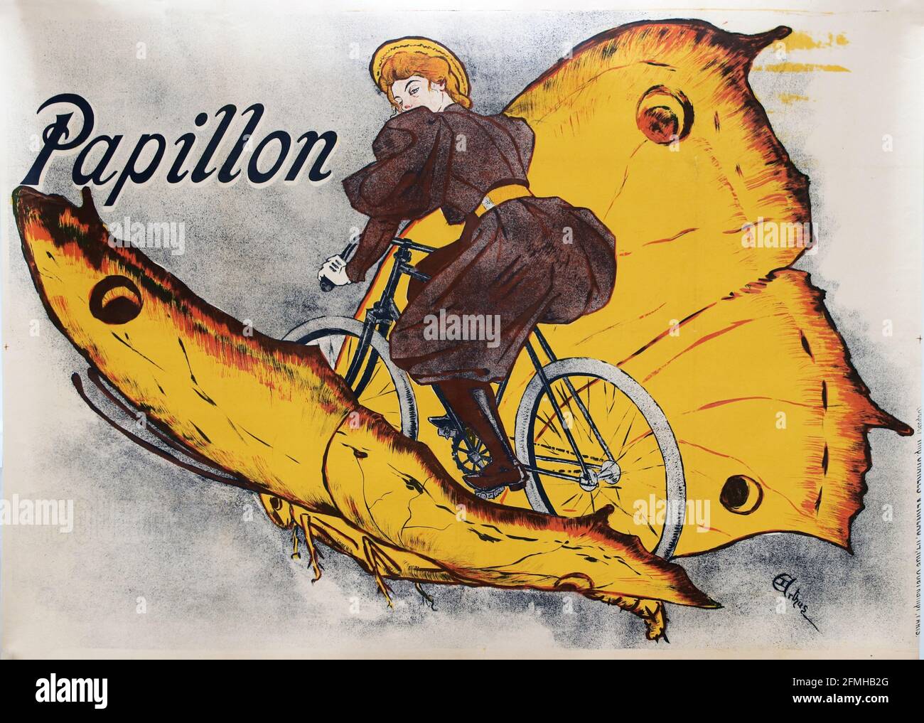 Papillon. Woman on Butterfly. Bicycle advertisement poster. Old and ...