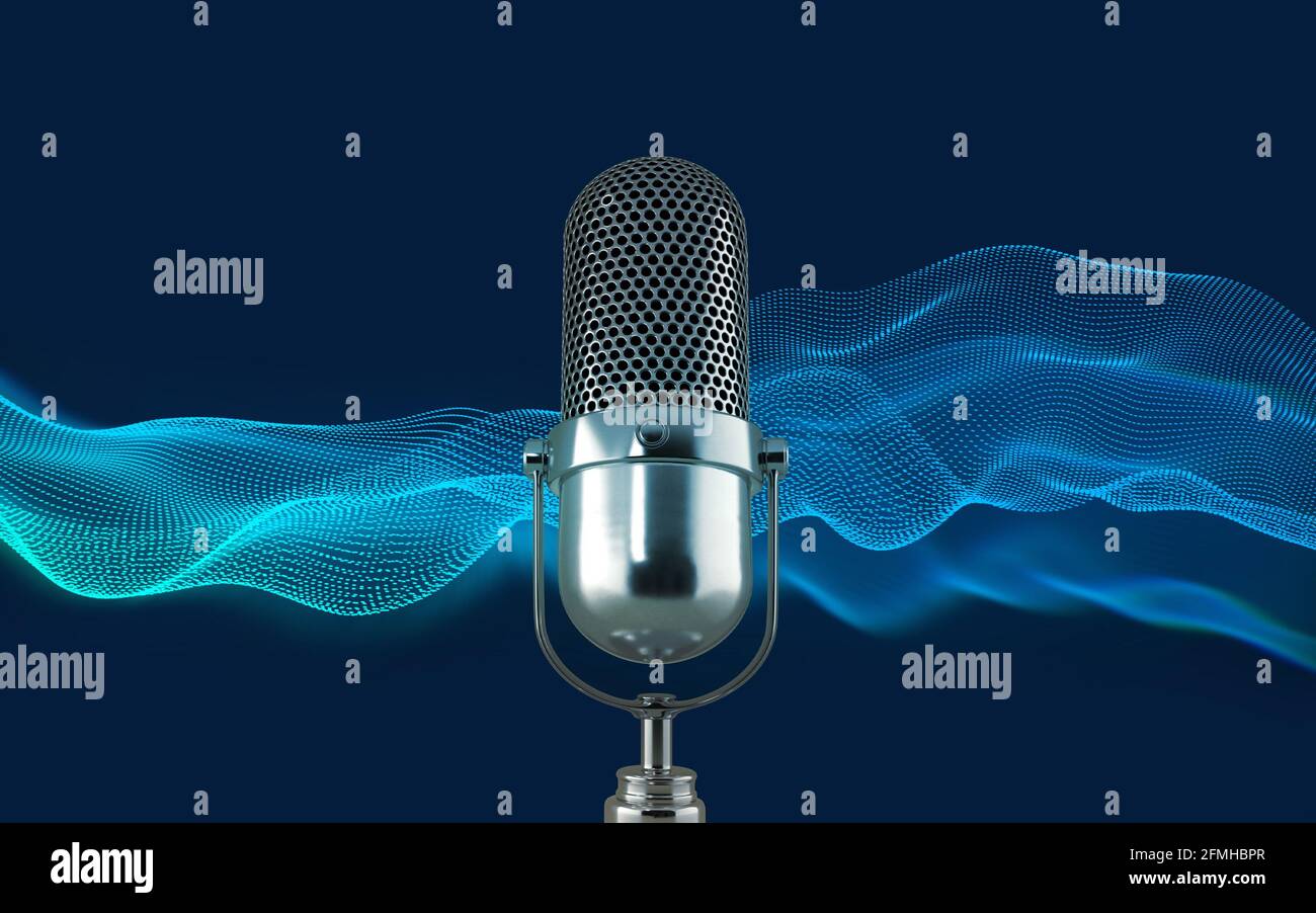 Microphone and Beauty abstract wave technology background with blue led ...