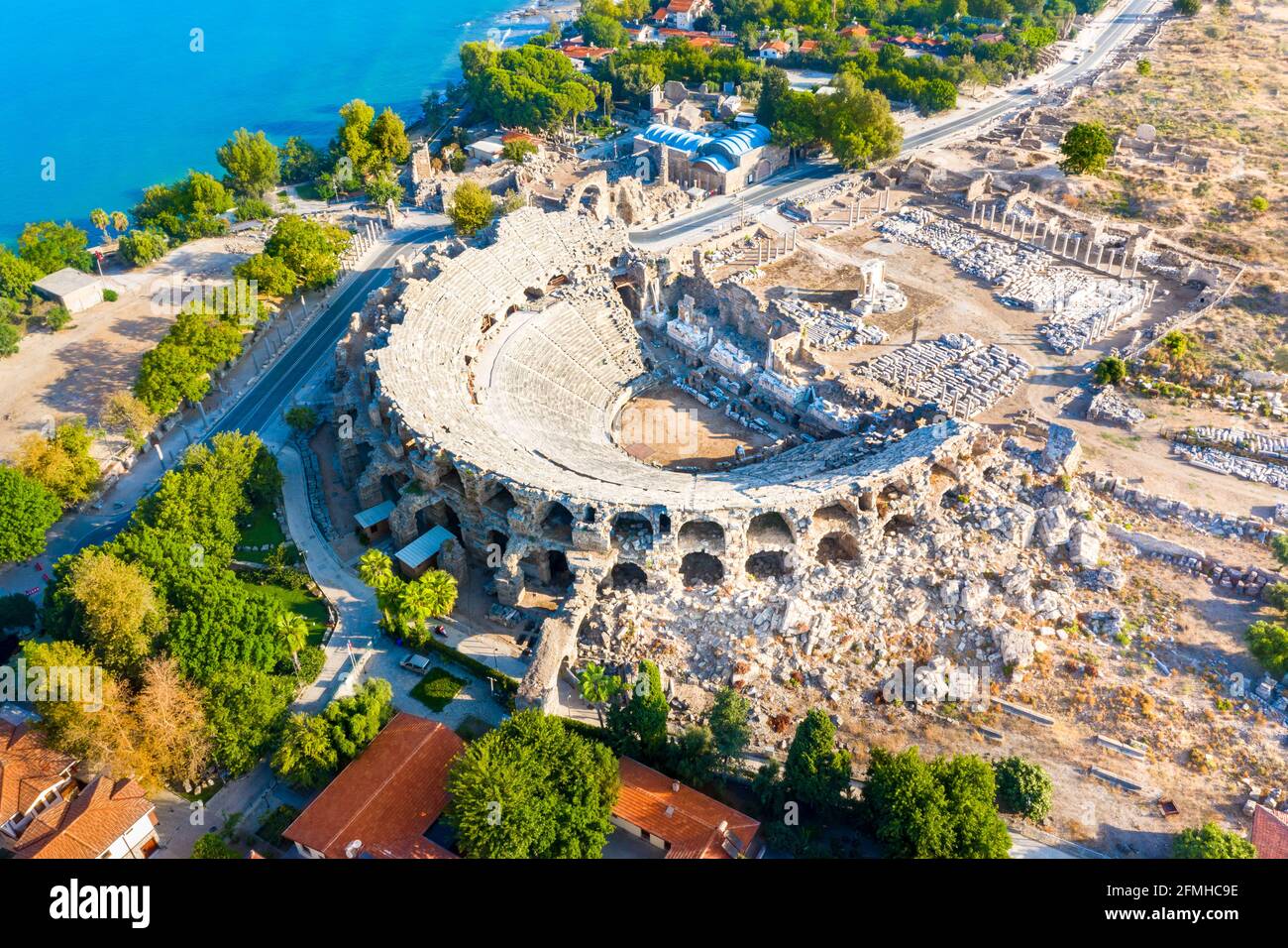 Aerial view of the amphitheater in the ancient Side town, Antalya ...