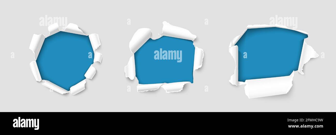 Set of various holes with ripped and scrolled edges white paper sheet ...