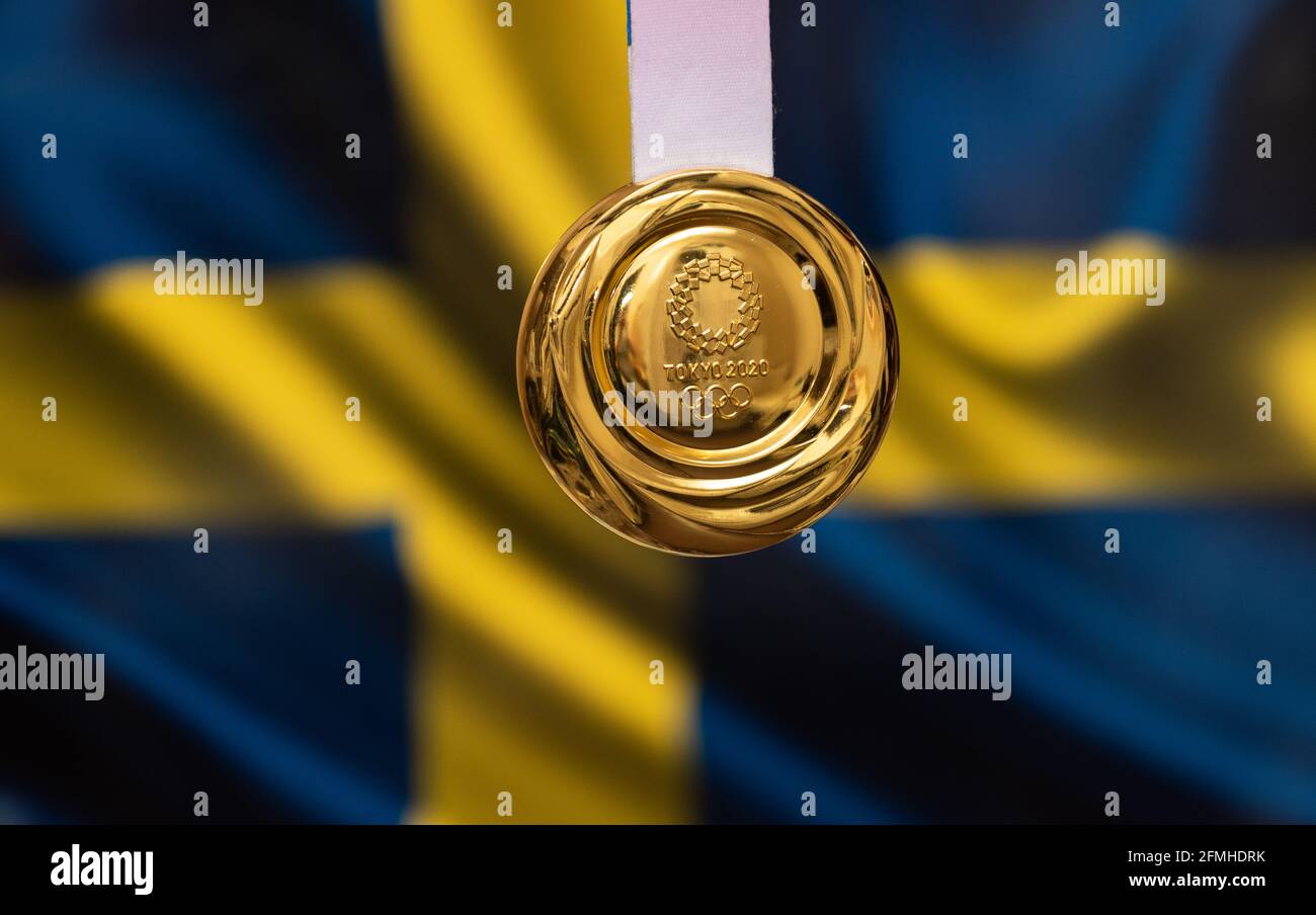 April 25, 2021 Tokyo, Japan. Gold medal of the XXXII Summer Olympic ...