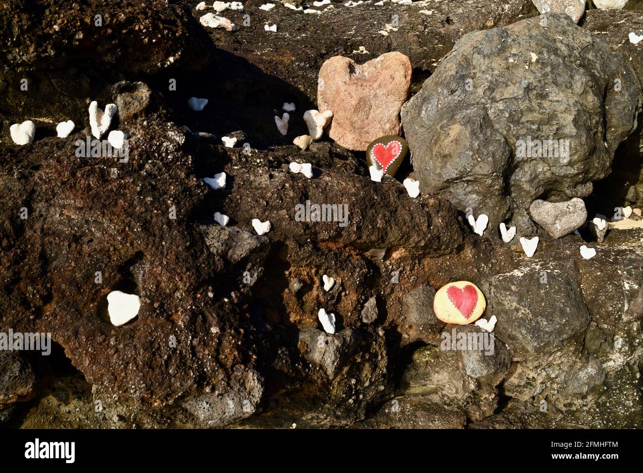Heart shaped coral and stones, painted with bright red "love" hearts ...