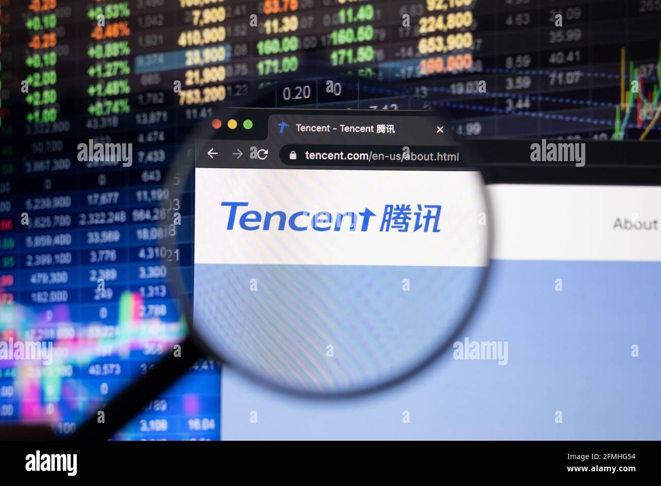 Tencent company logo on a website with blurry stock market developments ...