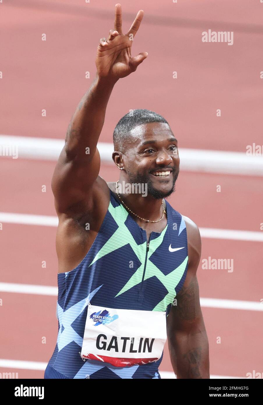 Tokyo, Japan. 9th May, 2021. American sprinter Justin Gatlin reacts to ...