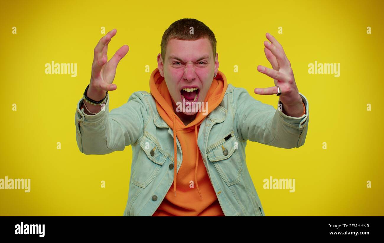 Scared man screams from stress tension problems feels horror ...