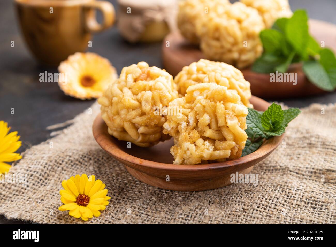 Traditional Tatar candy chak-chak made of dough and honey with cup of ...