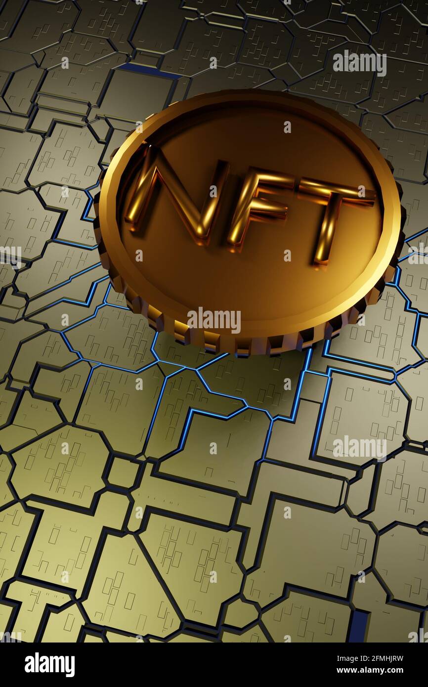 NFT non fungible token on a hard surface motherboard. Crypto currency ...