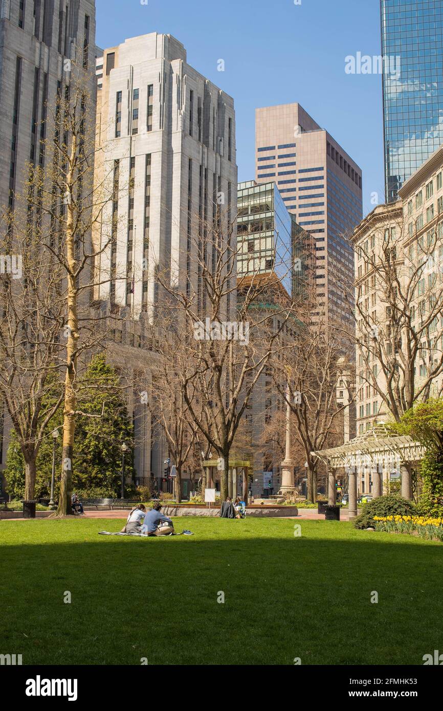 Nice park in Boston's Financial District. Landscaping, glass coffee and ...