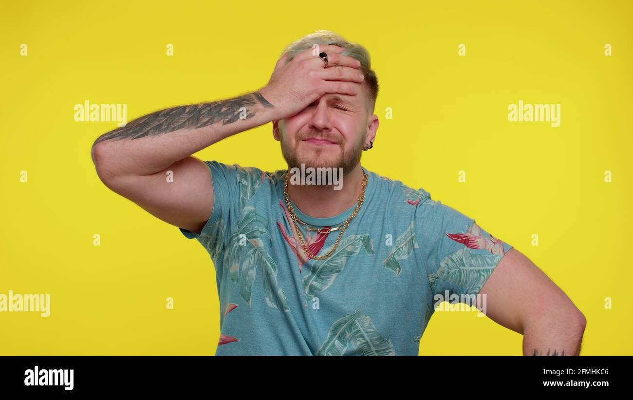 Young man waiting for good luck, loses becoming surprised sudden ...