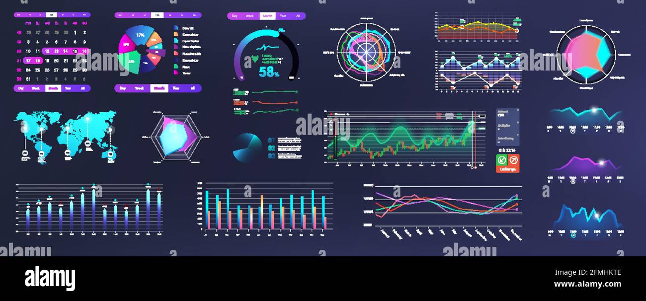 Modern Neon UI, UX and KIT elements interface with charts, graphics and ...