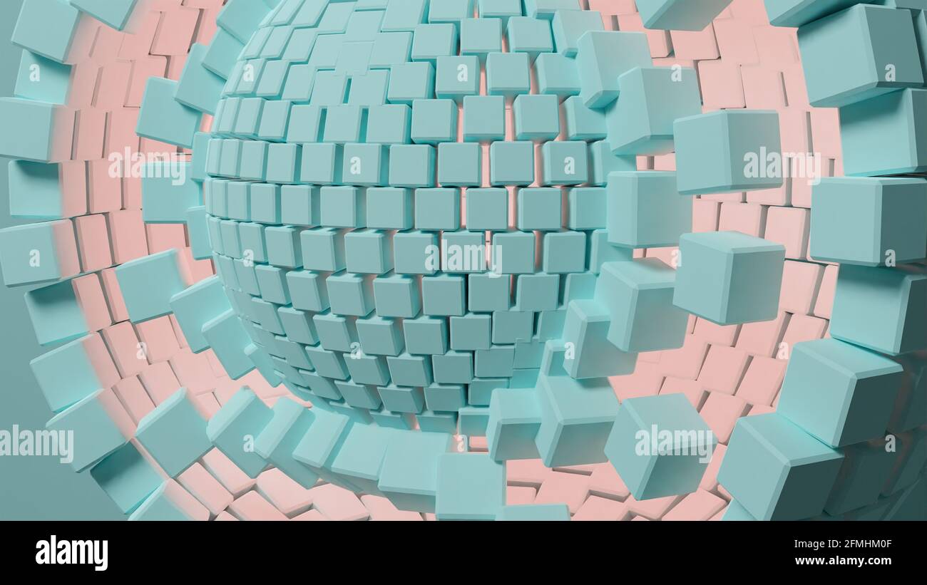 3D Illustration of multiple cubes forming a sphere with a source of ...