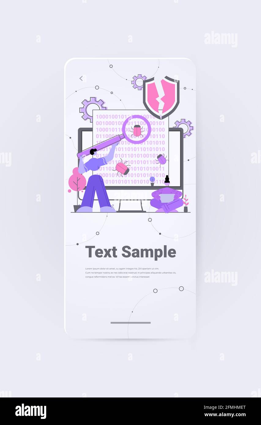 people with magnifying zoom fixing malware antivirus scanning virus attack trojan search bugs ...