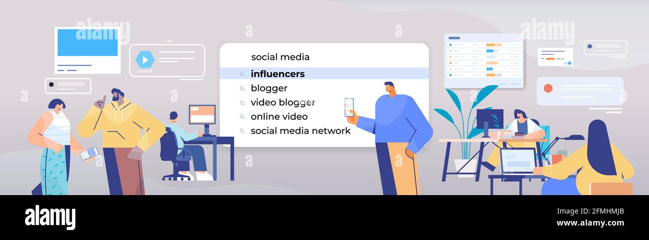 mix race people choosing influencers in search bar on virtual screen ...