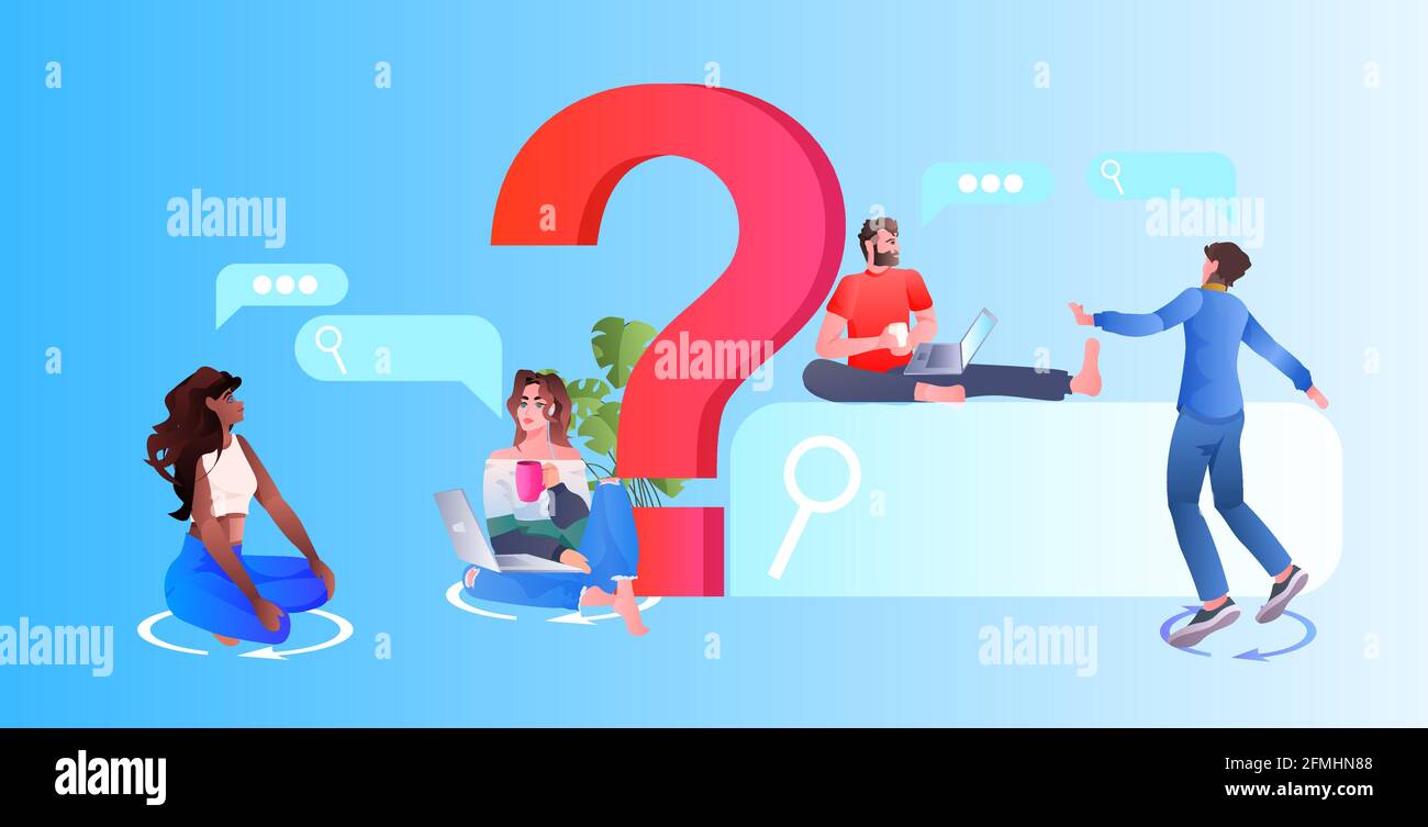 people standing near question mark online consultation client support ...