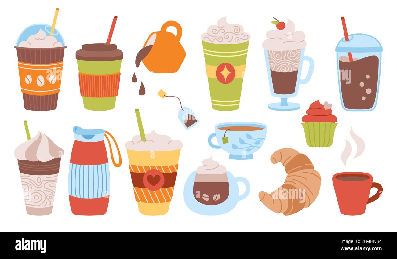 Coffee cup hand drawn cartoon set. Trendy colored flat various cups to ...