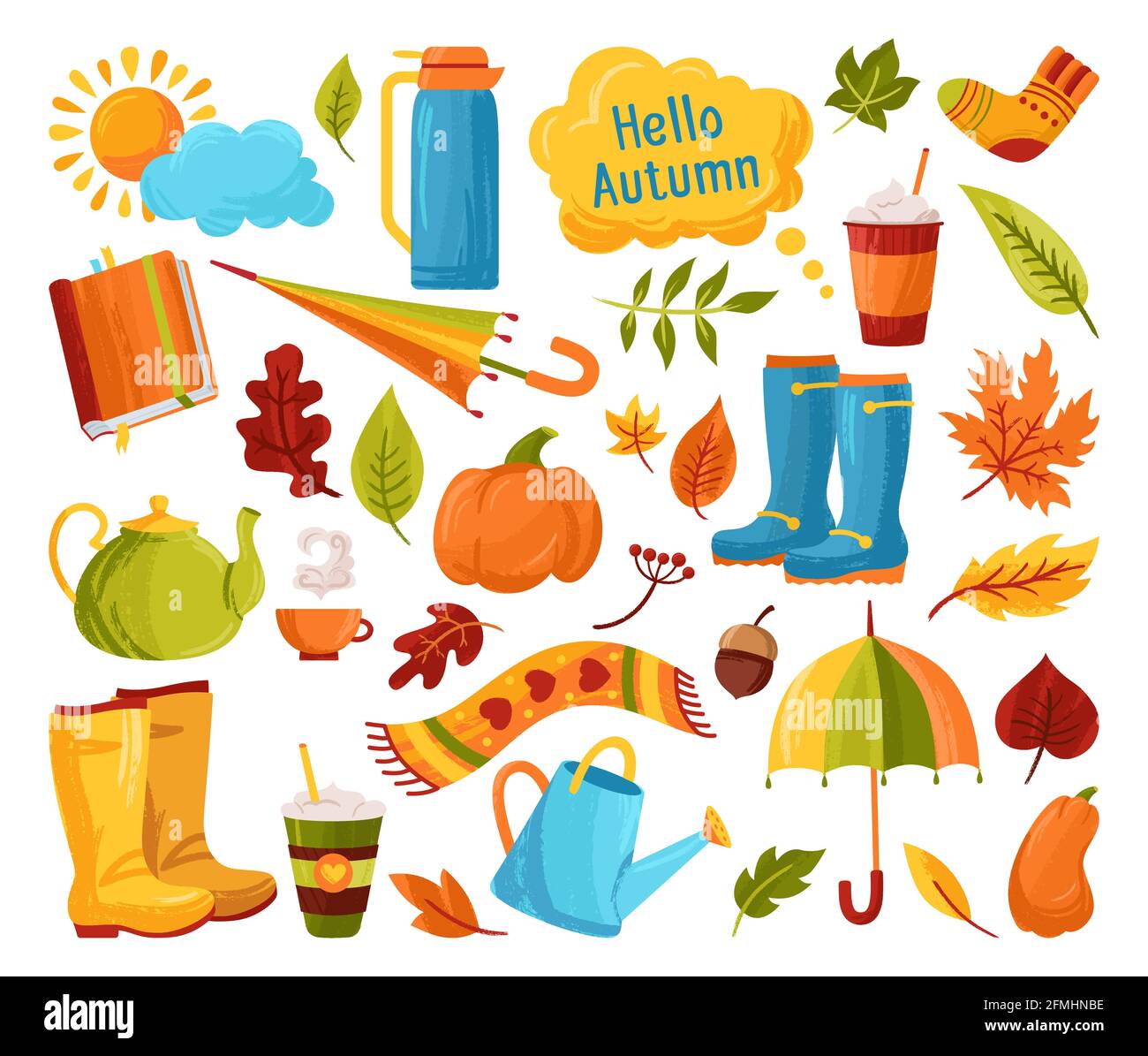 Autumn hand drawn trendy grungy texture cartoon set. Rural fall leave ...