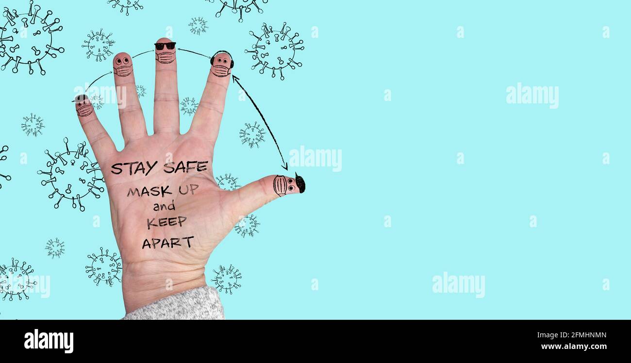 A hand with finger faces wearing face masks and keeping apart, mask up ...