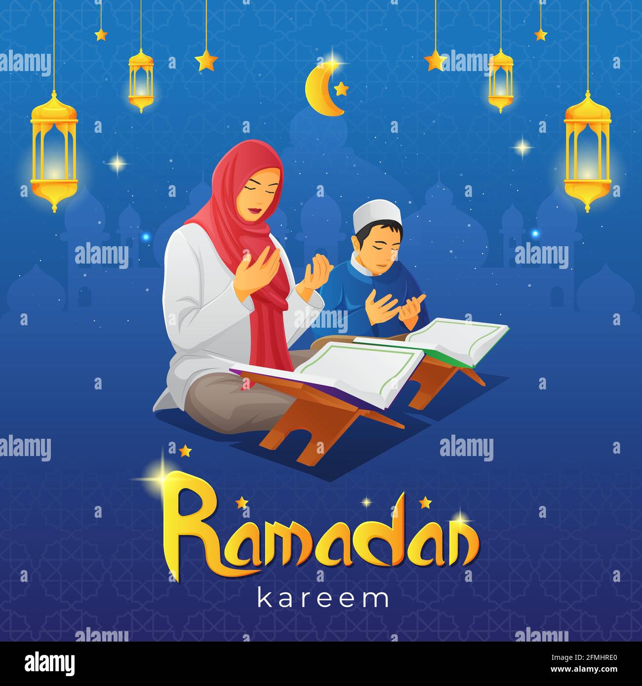 Ramadan kareem greetings card with praying woman and her son after read ...