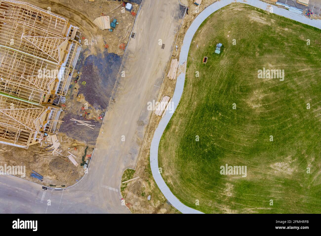 Aerial view of home framing of a new house under construction with ...