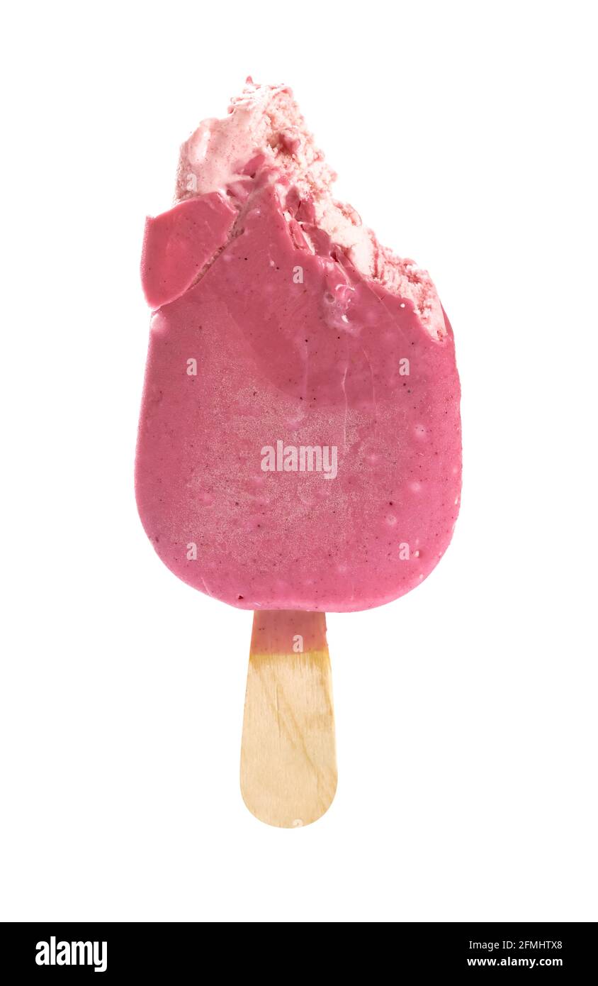half eaten red color chocolate outer popsicle on a white background ...