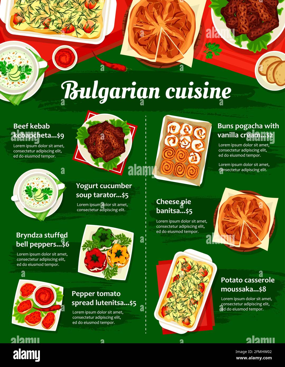 Bulgarian cuisine vector menu template pepper tomato spread lutenitsa ...