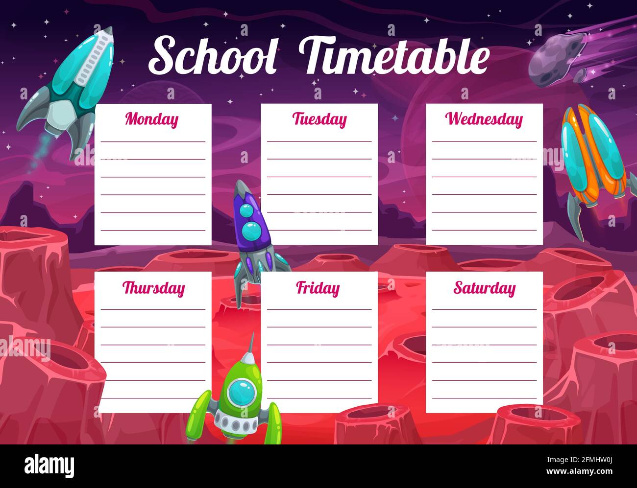 Educational school timetable vector template with ufo space ships over ...