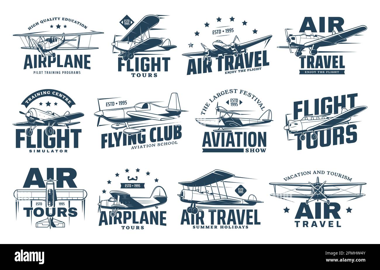 Vintage plane isolated vector icons of air travel, retro aircraft and ...