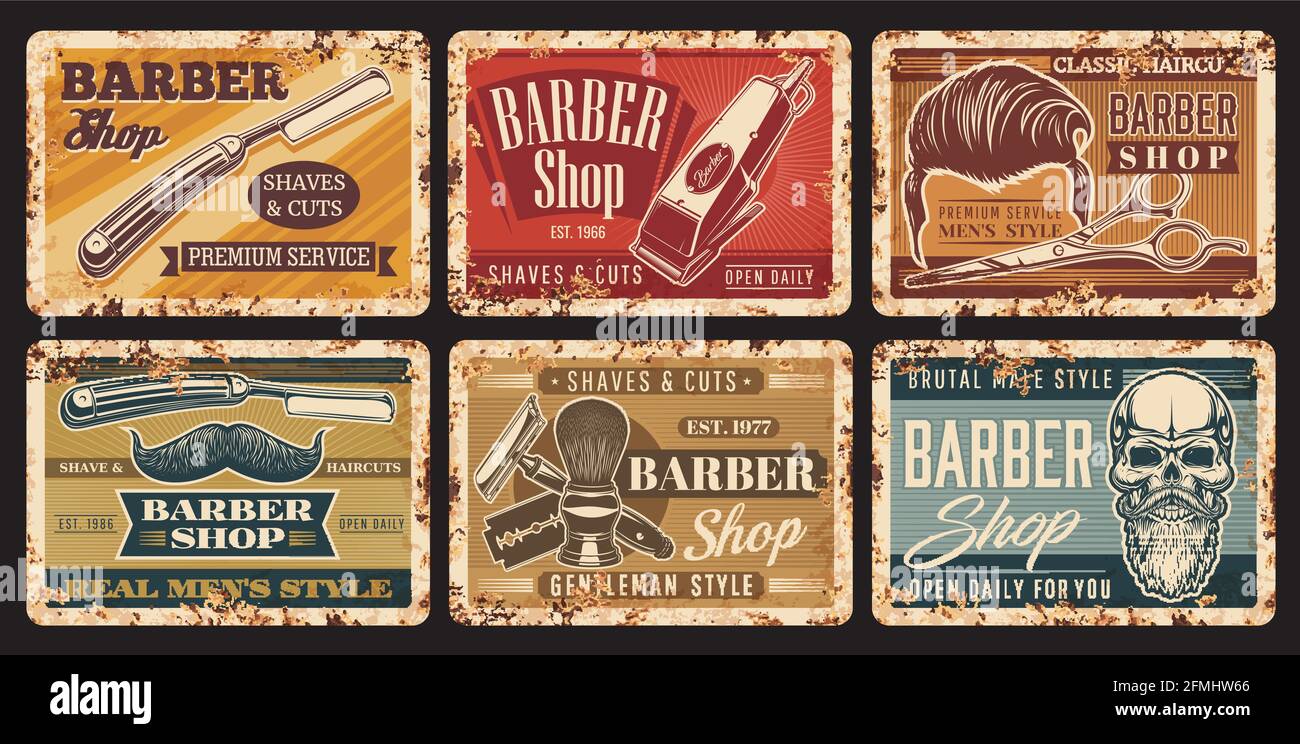 Barbershop haircut vintage grunge signs with skull and beard, vector ...