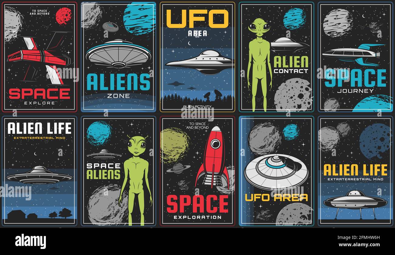 Space exploration, alien life and UFO contact posters. Sci-fi spaceship ...