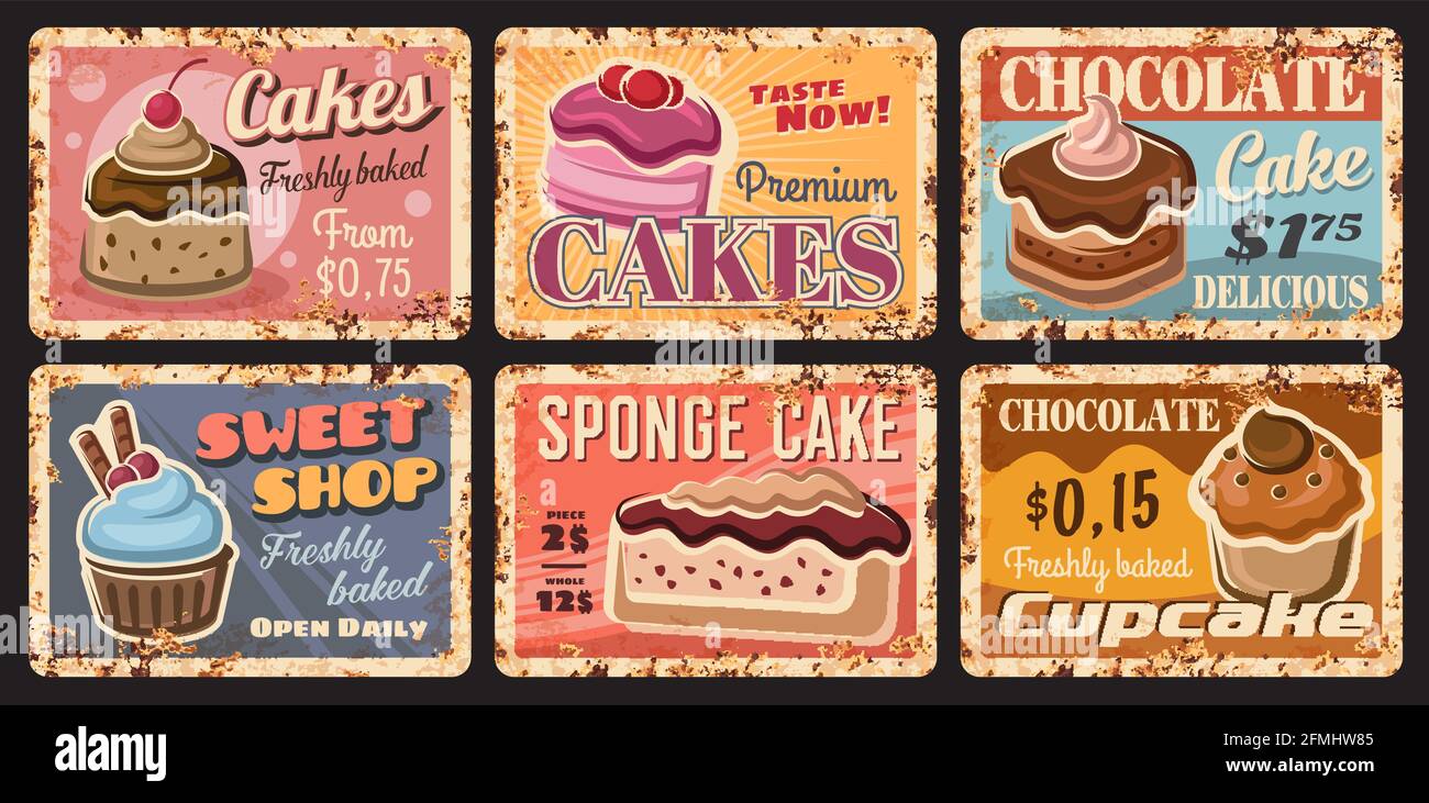 Pastry cake desserts metal rusty plates, bakery shop sweets retro ...