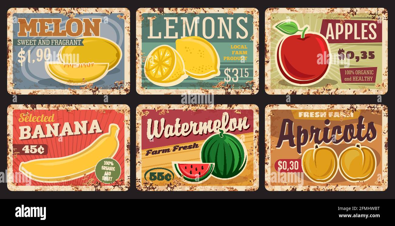 Fruits price cards on metal plates rusty, farm market food retro ...