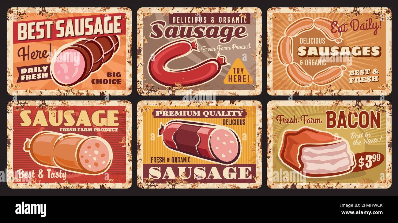 Sausages, meat farm bacon tin signs, organic meat shop rusty metal ...