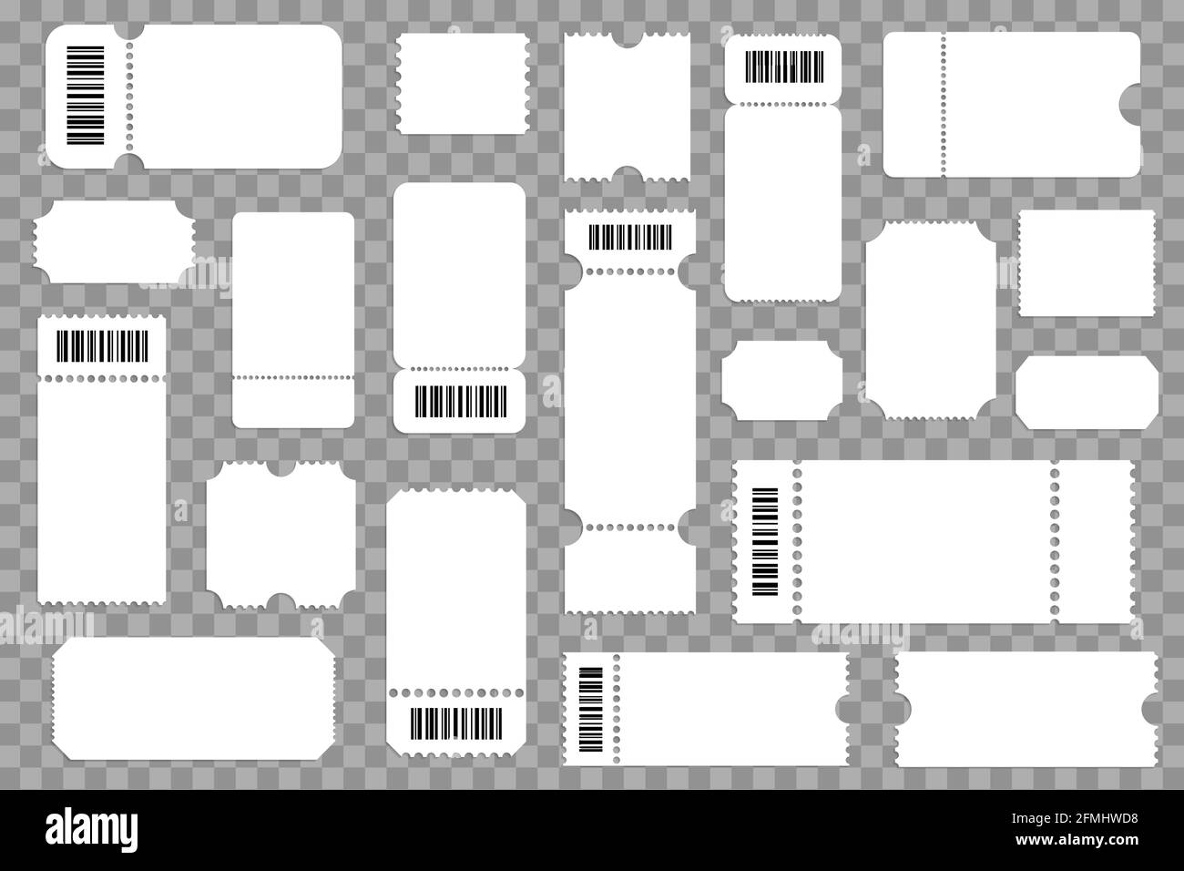 Blank ticket, raffle and lottery vector mockups on transparent background. Concert, movie or ...