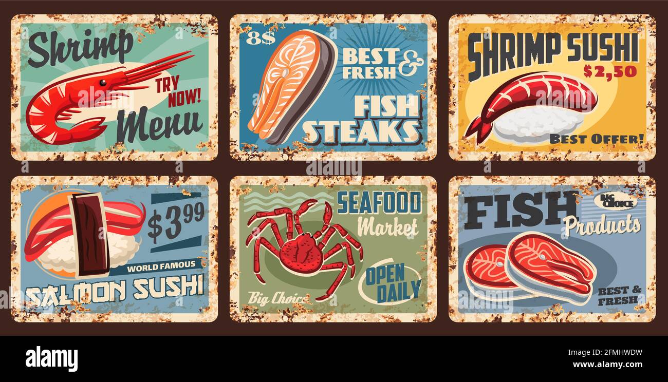 Fish and seafood sushi, food market and restaurant menu price, vector ...