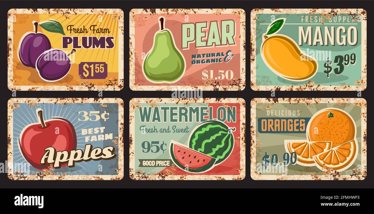 Fruits rusty metal plates, vector vintage rust tin signs with ripe ...