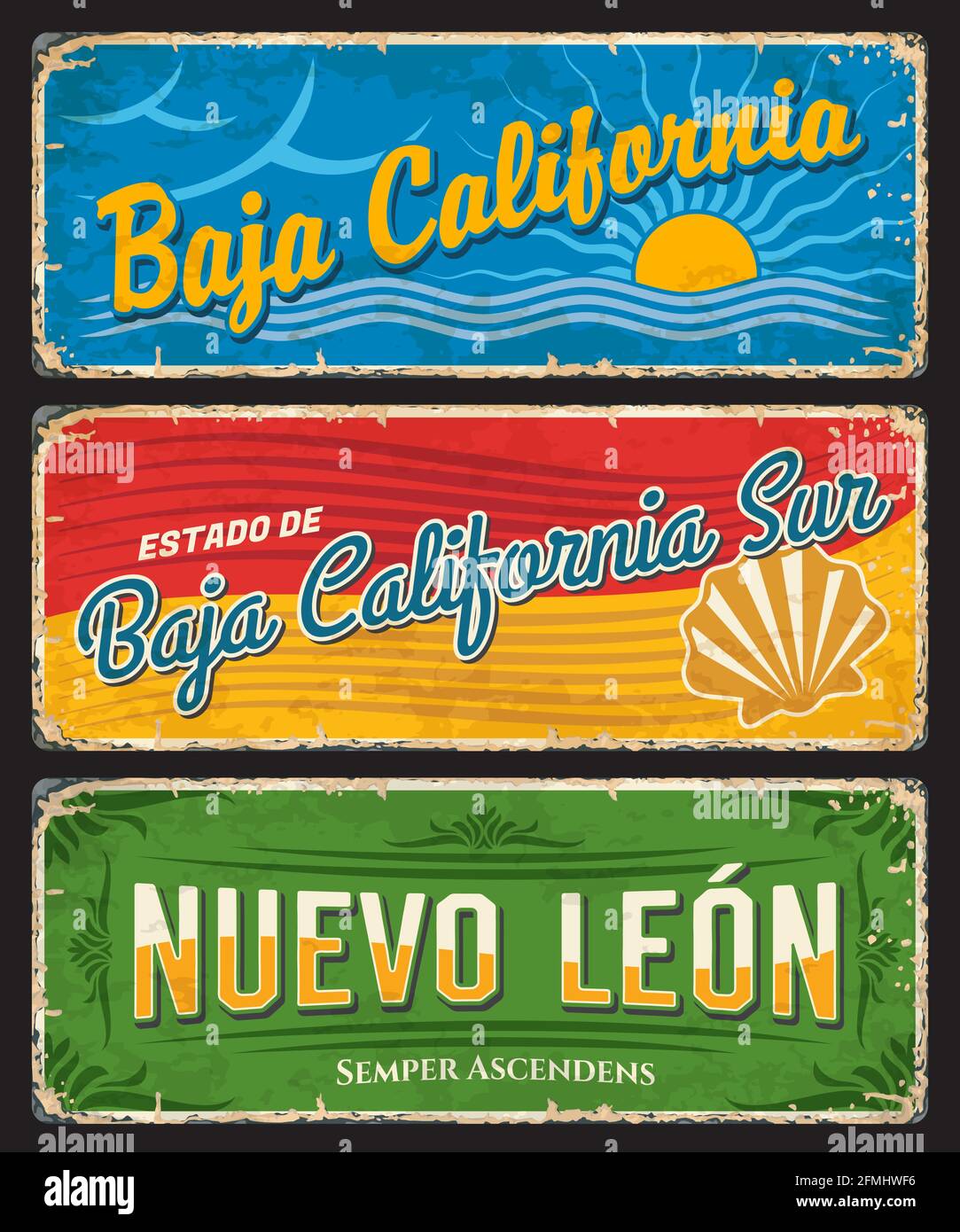Baja California, Baja California Sur and Nuevo Leon tin signs, Mexico ...