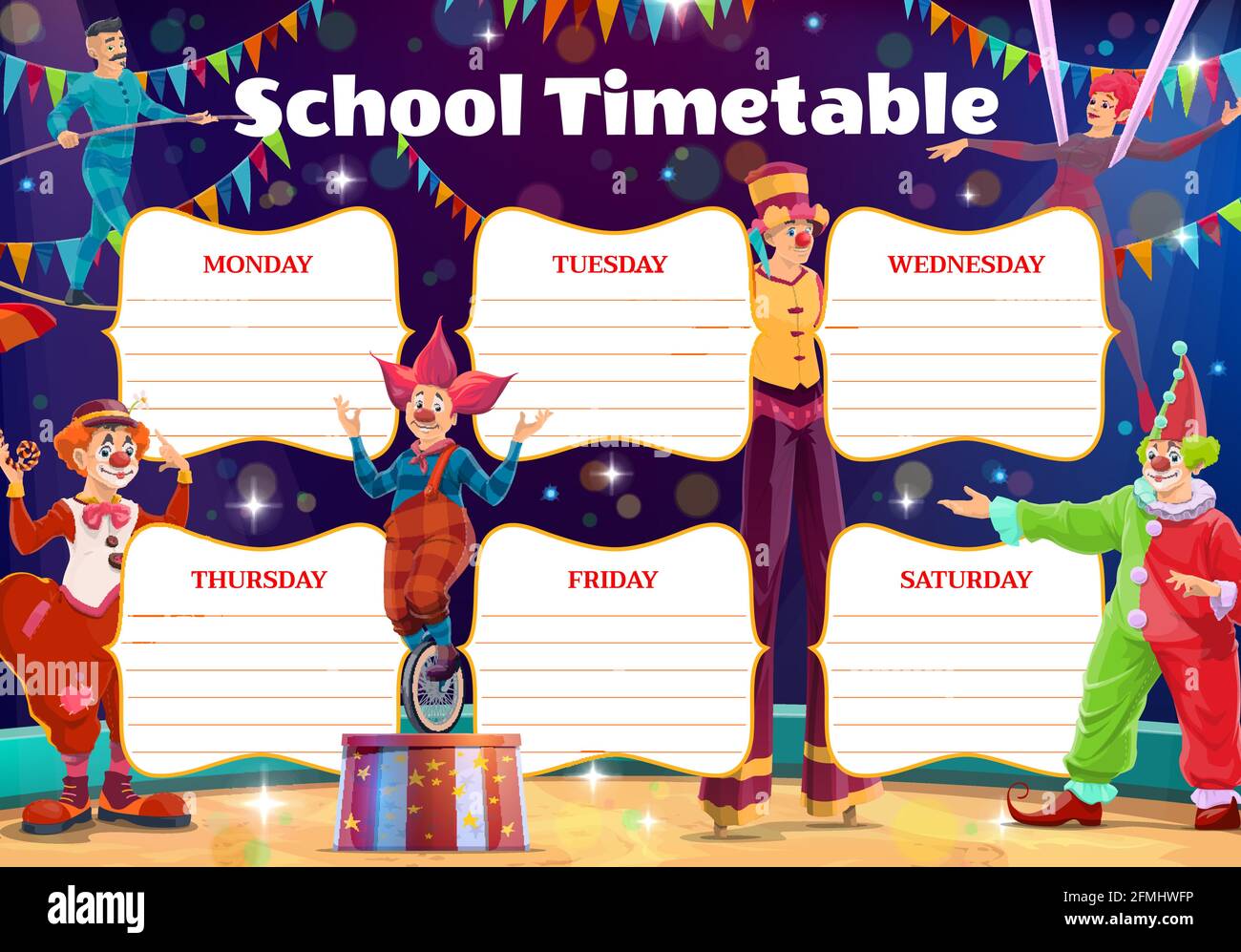 School timetable with circus clowns and performers. Vector weekly ...