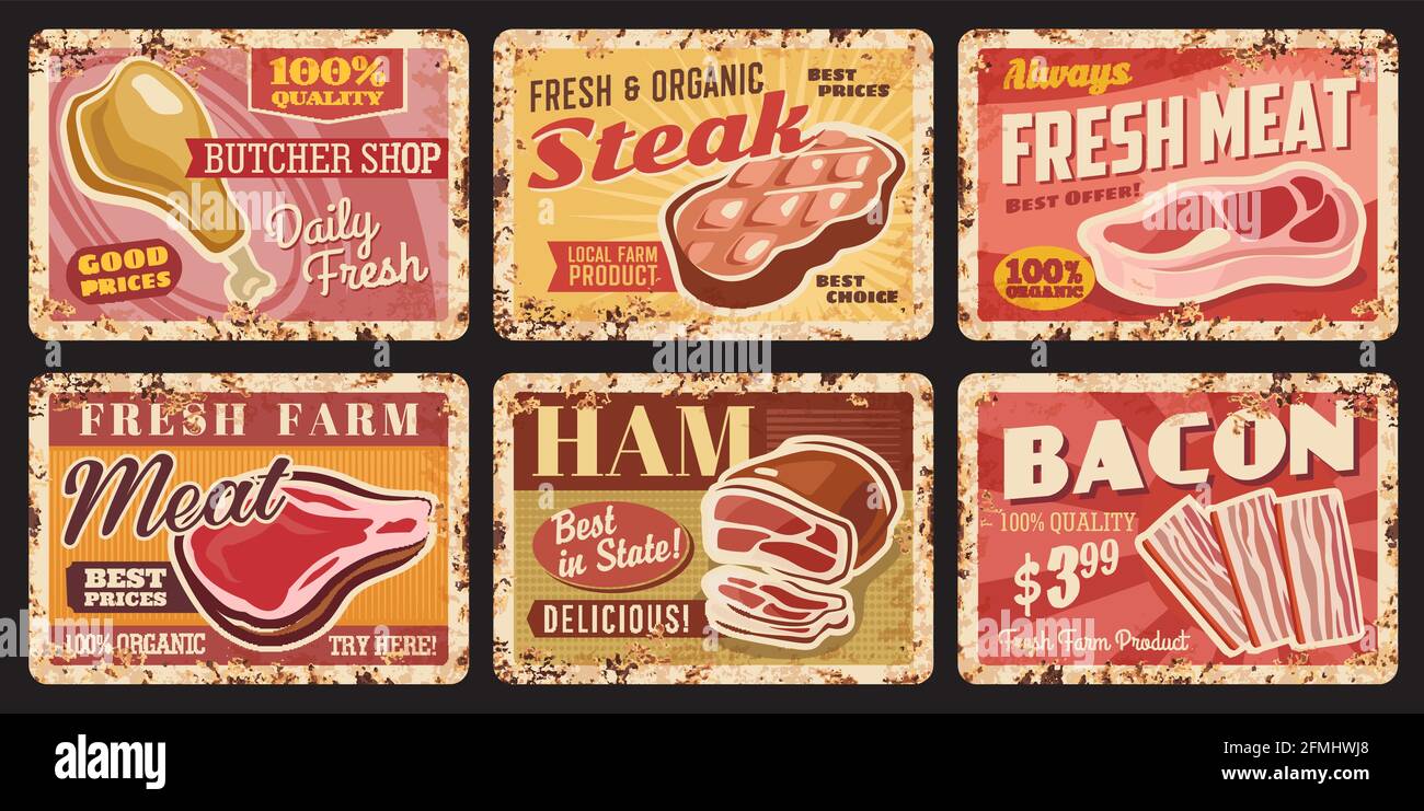 Butcher shop fresh meat rusty metal plates. Butchery, meat market or ...