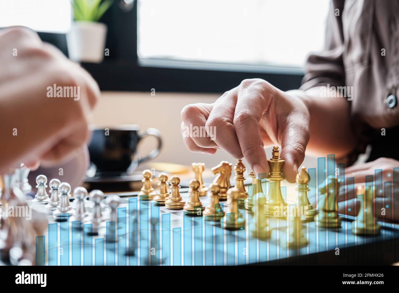 Business team playing chess with virtual strategy financial Stock Photo ...