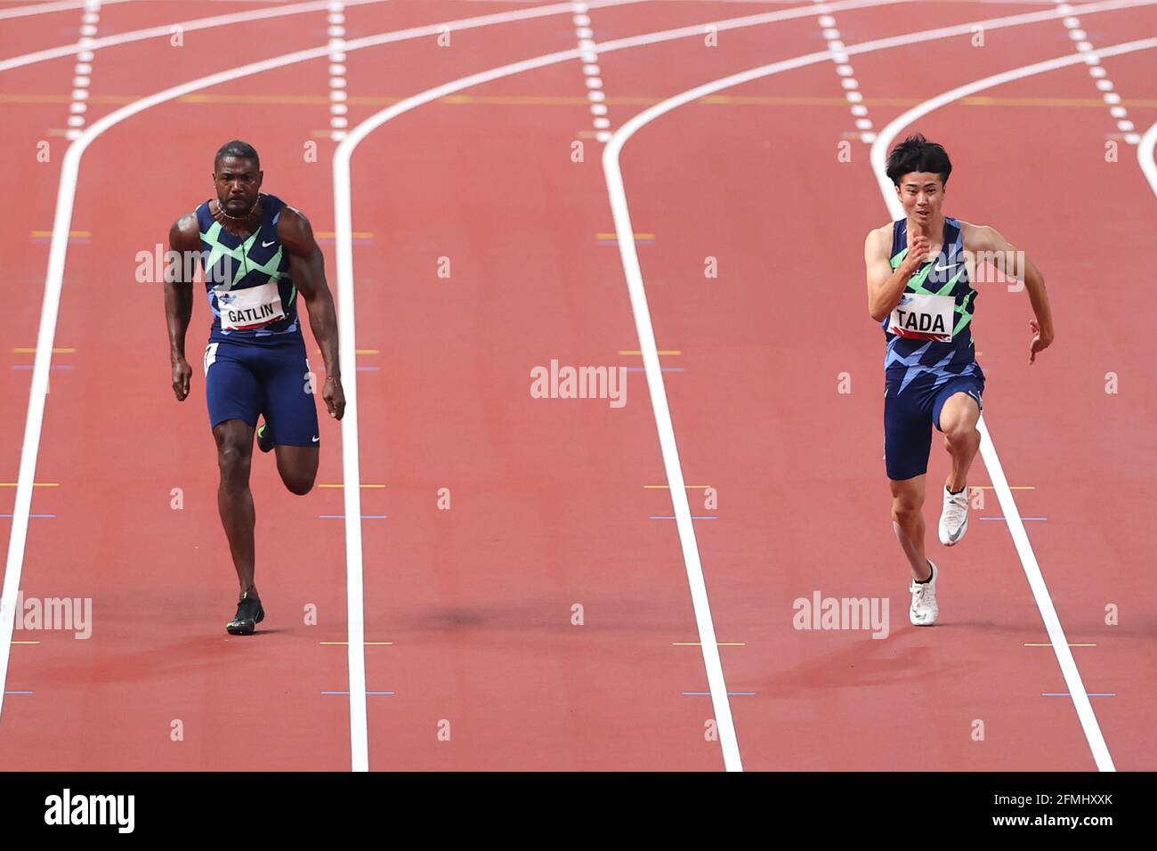 Tokyo, Japan. 9th May, 2021. (L-R) Justin Gatlin (USA), Shuhei, Tada ...