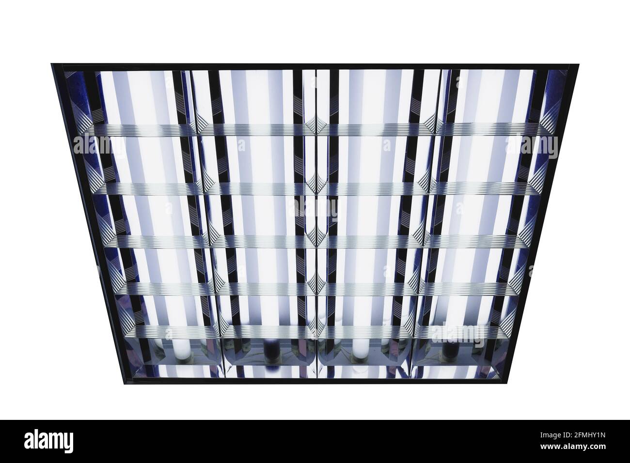 Industrial ceiling light with daylight lamps. Isolated on a white ...