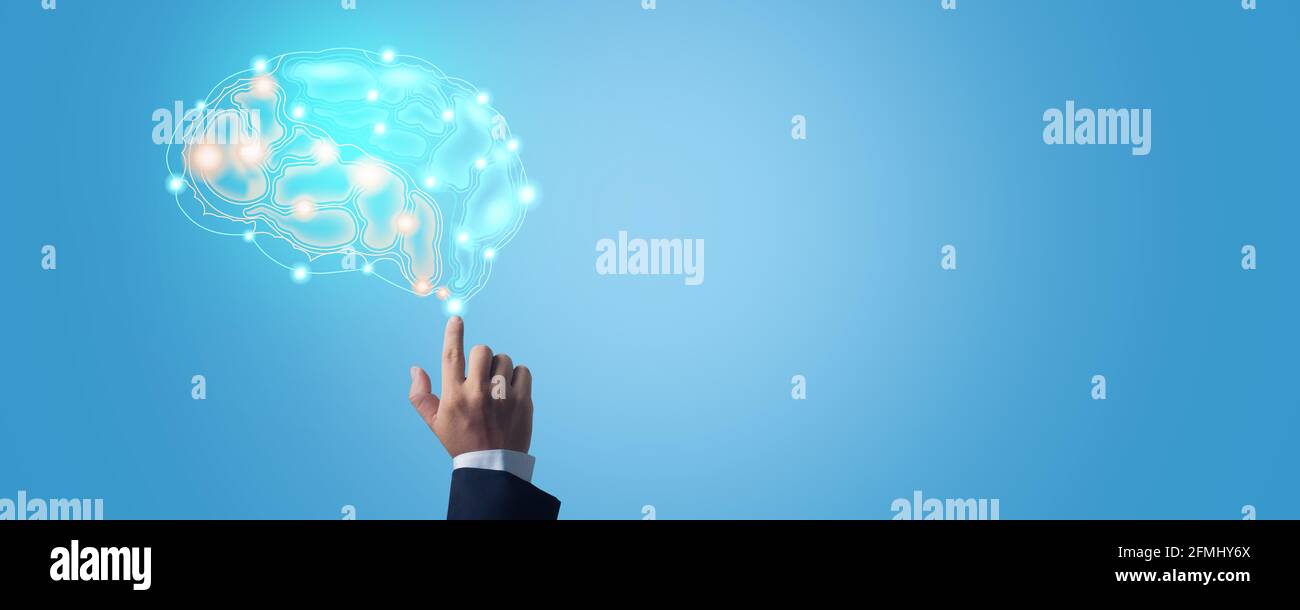 Close up hand point at brain connection icon active and idea to work ...