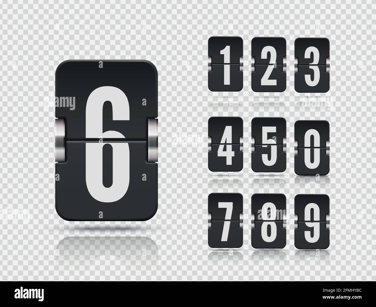 Numeric Flip Scoreboard Set With Reflections Floating On Different Heights For Black Countdown