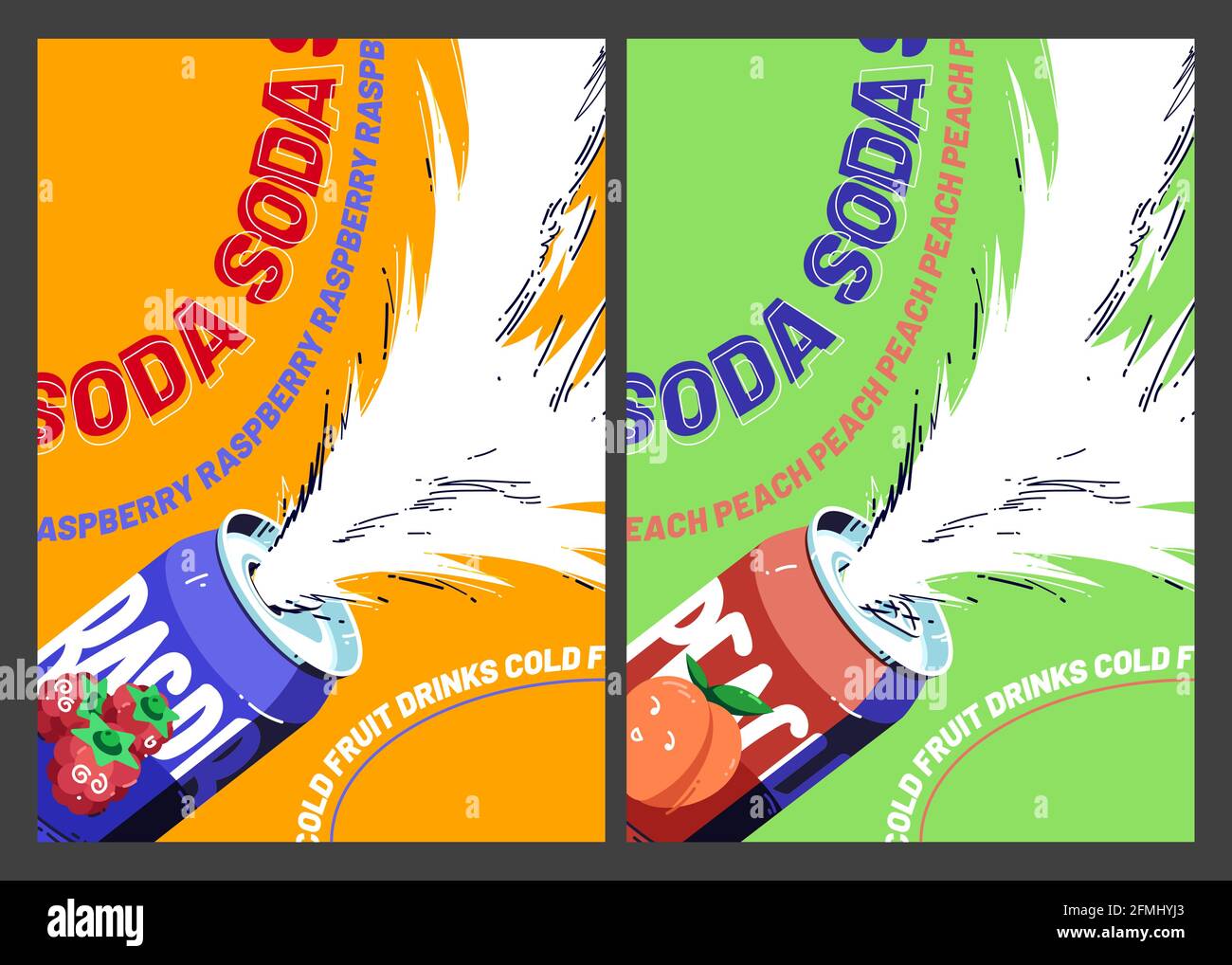 Sweet soda, cold fruit drinks posters. Fizzy watermelon, sea buckthorn ...