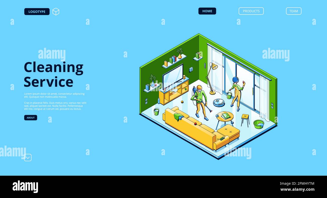 Cleaning service isometric landing page, cleaners in uniform with ...