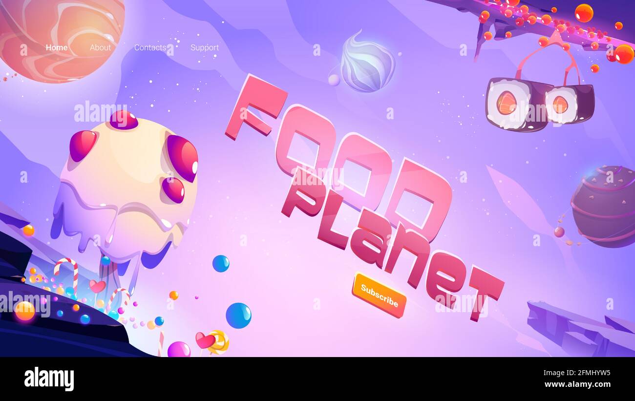 Fast food planet cartoon landing page with salmon fish and onion ...